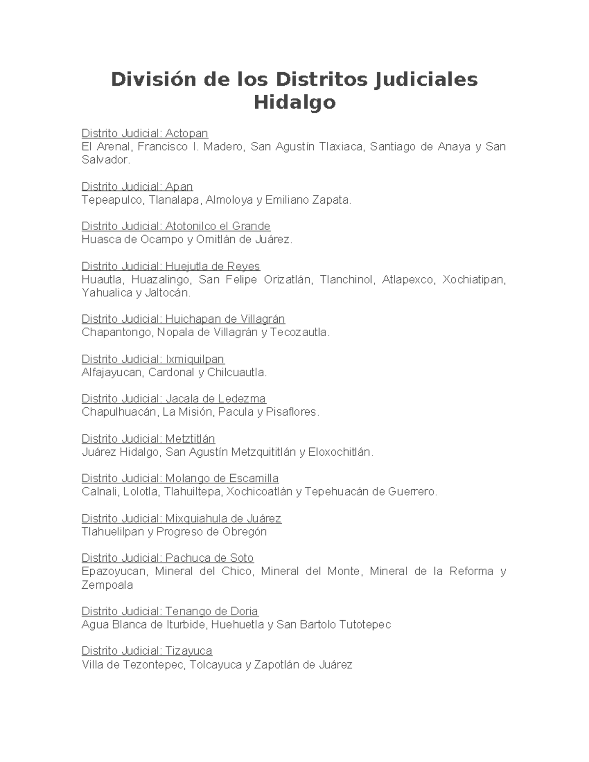 División de Distritos Judiciales en Hidalgo y sus Localidades - Studocu