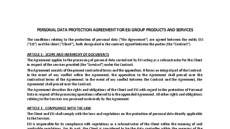 231103 Personal Data Protection Agreement for ESI Group Services - Studocu
