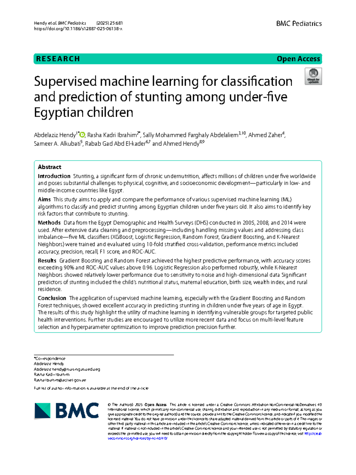 Supervised ML for Predicting Stunting in Egyptian Children (BMC Peds ...