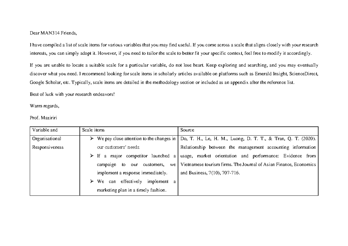 Example OF Scale Items FOR Various Variables - Dear MAN314 Friends, I ...