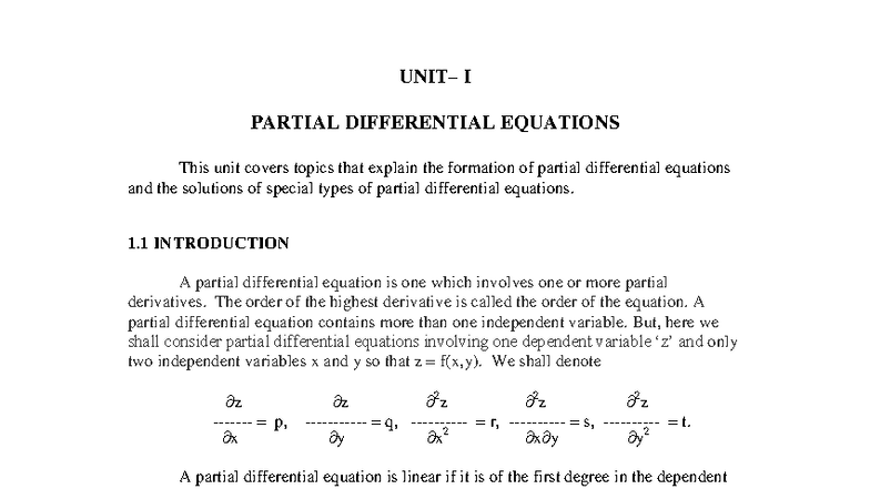 Unit 1: Partial Differential Equations (PDE) Overview and Solutions - Studocu