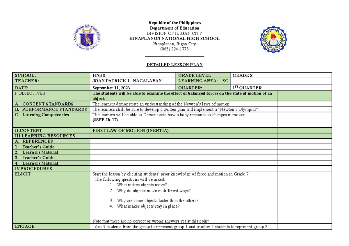 detailed lesson plan - Republic of the Philippines Department of ...