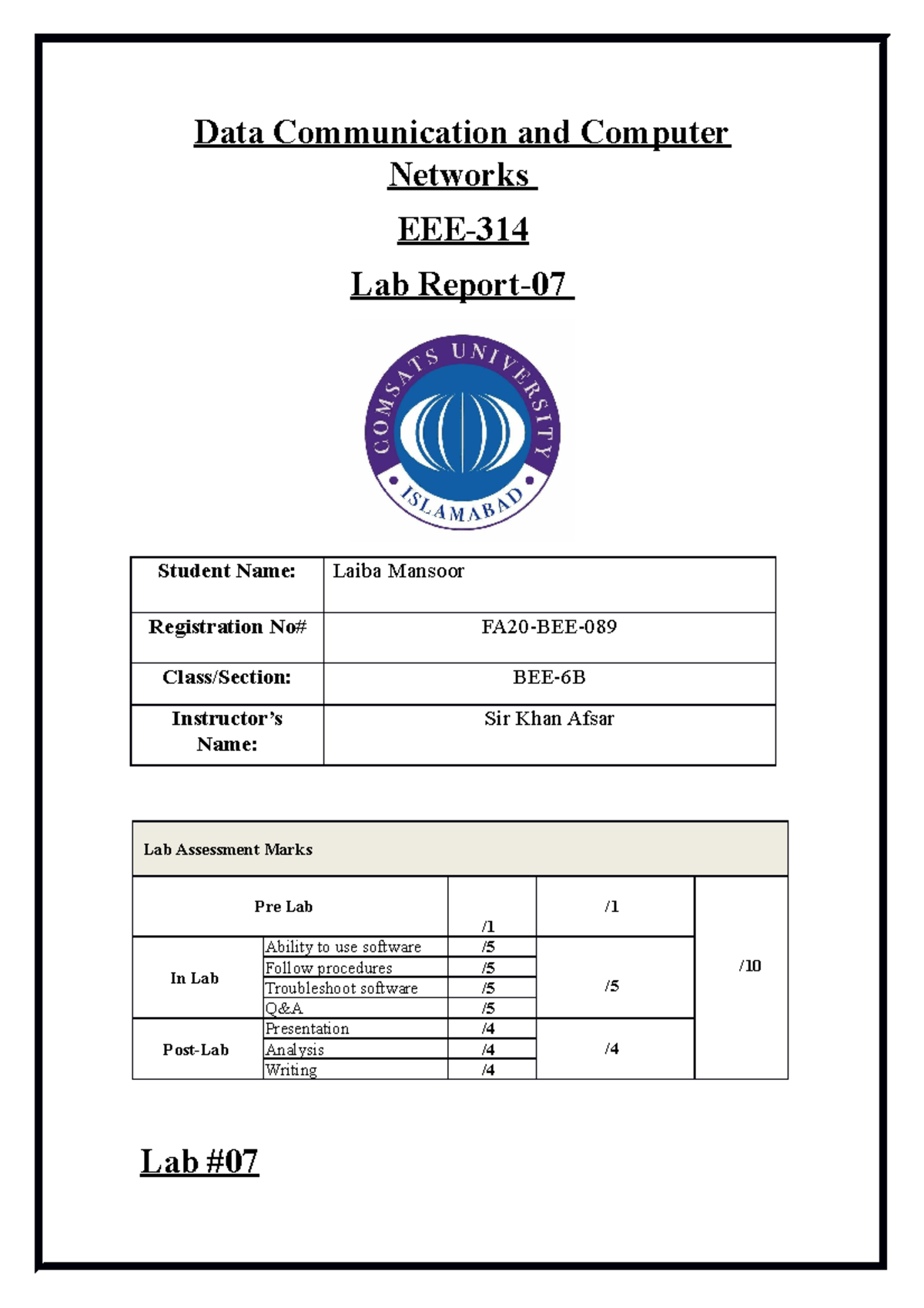 Dccn lab 7 lm - Data Communication and Computer Networks EEE- Lab Report- Student Name: Laiba ...