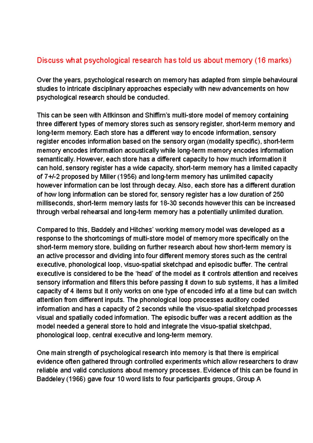 Psychology Essay: Insights from Research on Memory Processes - Studocu