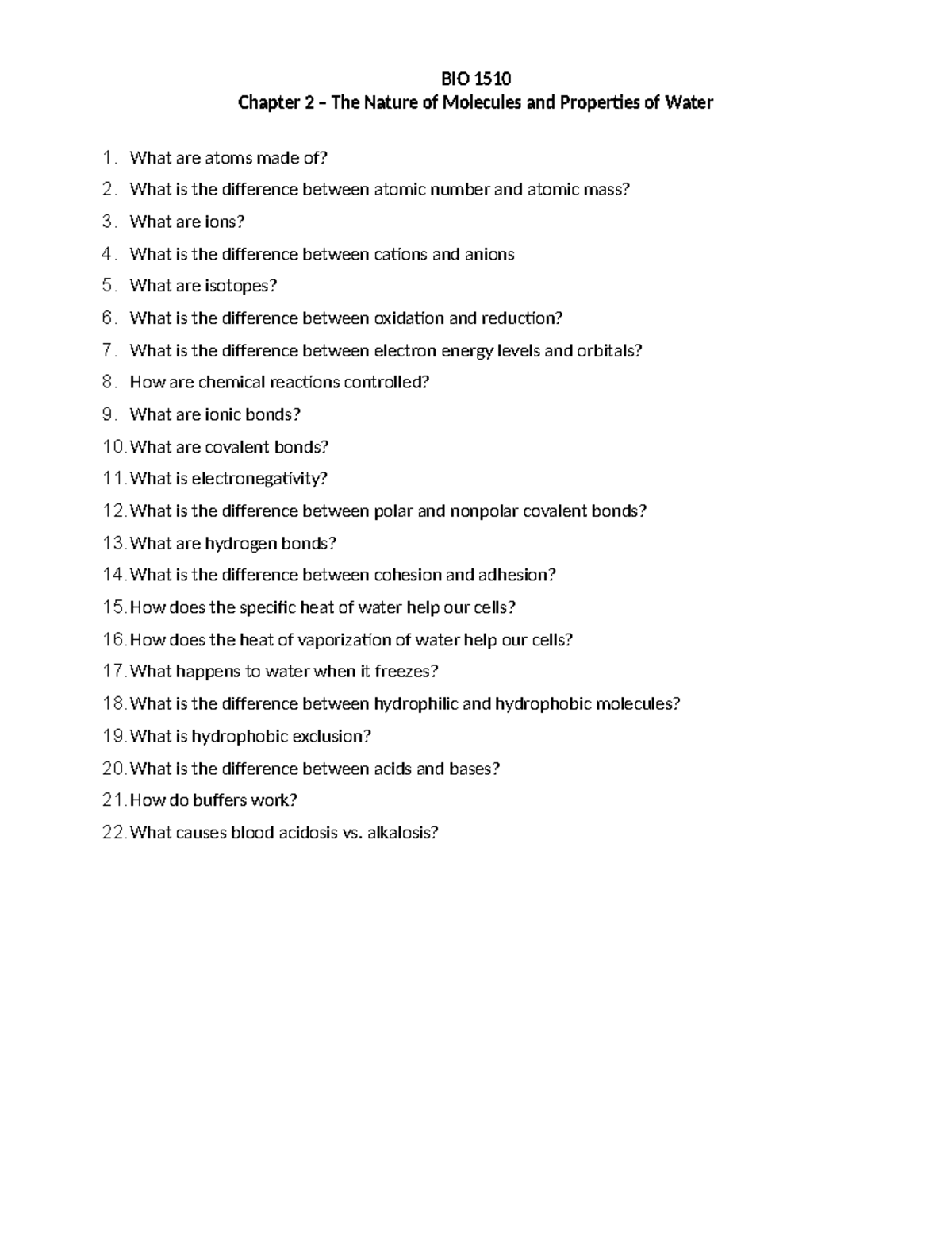 BIO 1510 Chapter 2 Study Guide: Molecules & Water Properties - Studocu