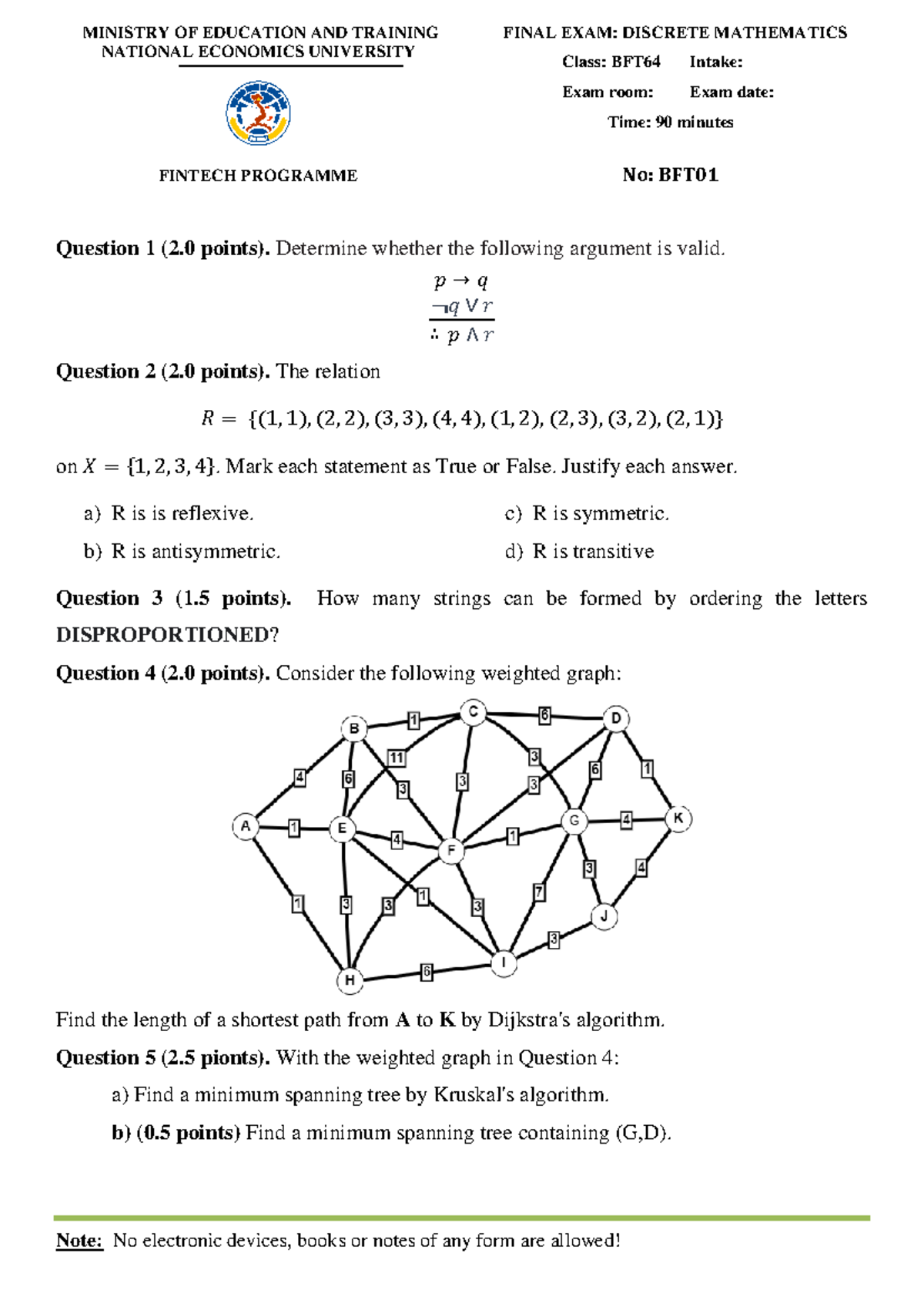 BFT64 DSEB65A Final Exam - Discrete Mathematics Questions - Studocu