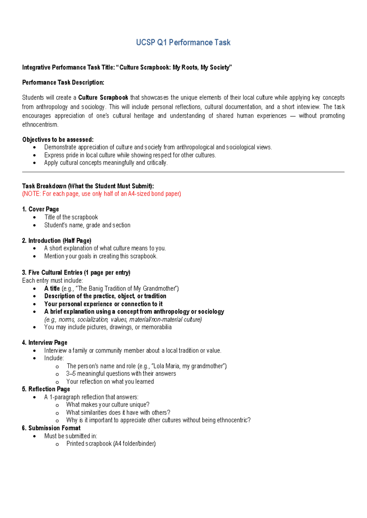 UCSP Q1 Performance Task: Culture Scrapbook Project - Studocu