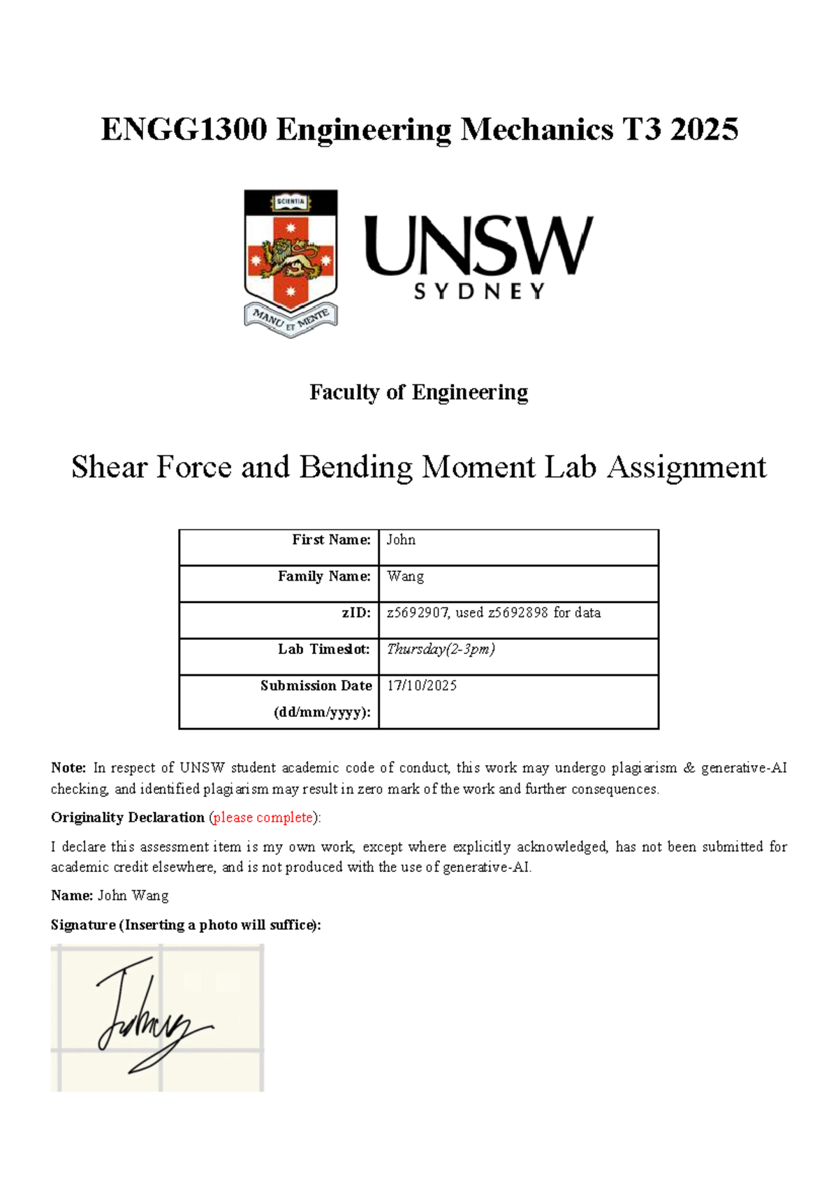 ENGG1300 Shear Force & Bending Moment Lab Report T3 2025 - Studocu