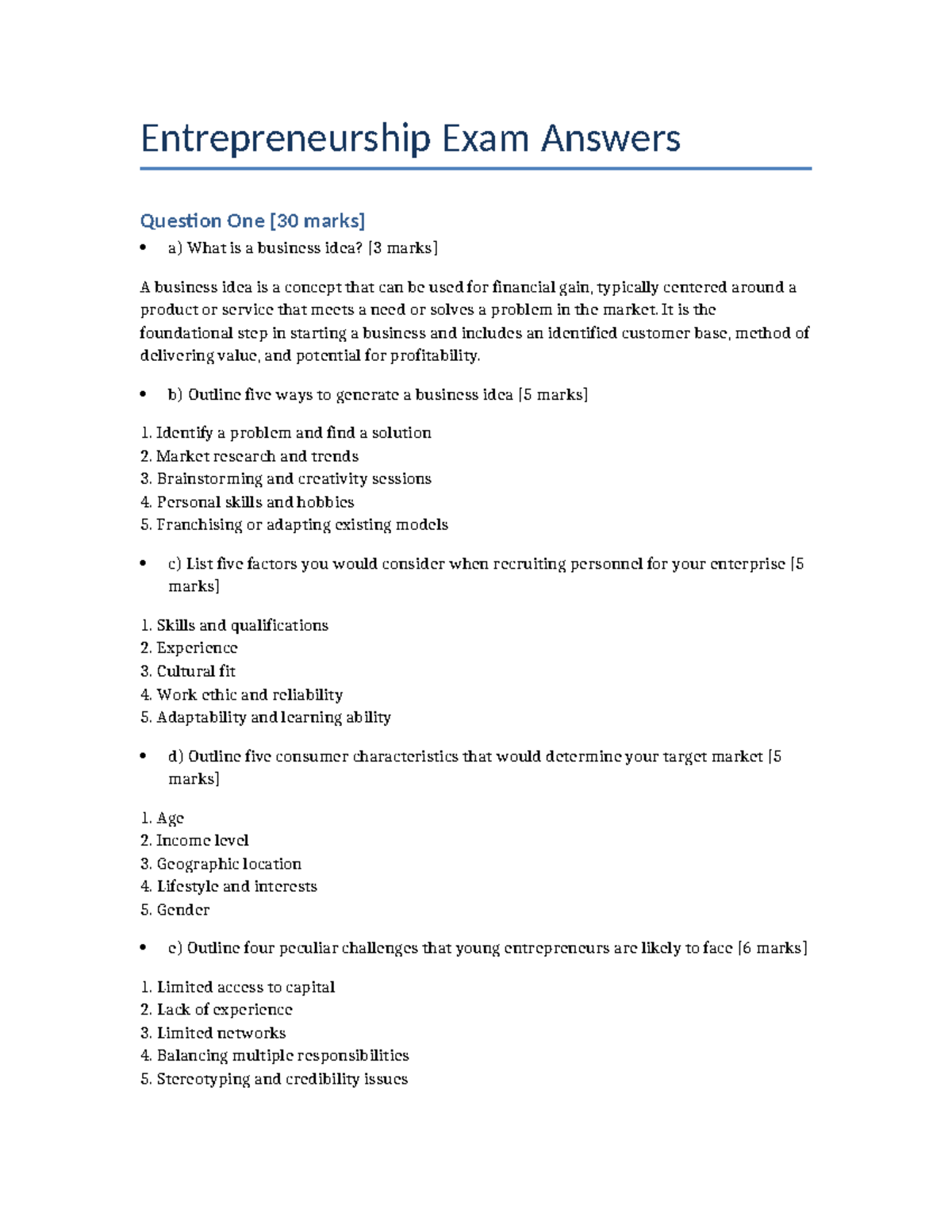 Entrepreneurship Exam Revision Paper Answers (ENT 101) - Studocu