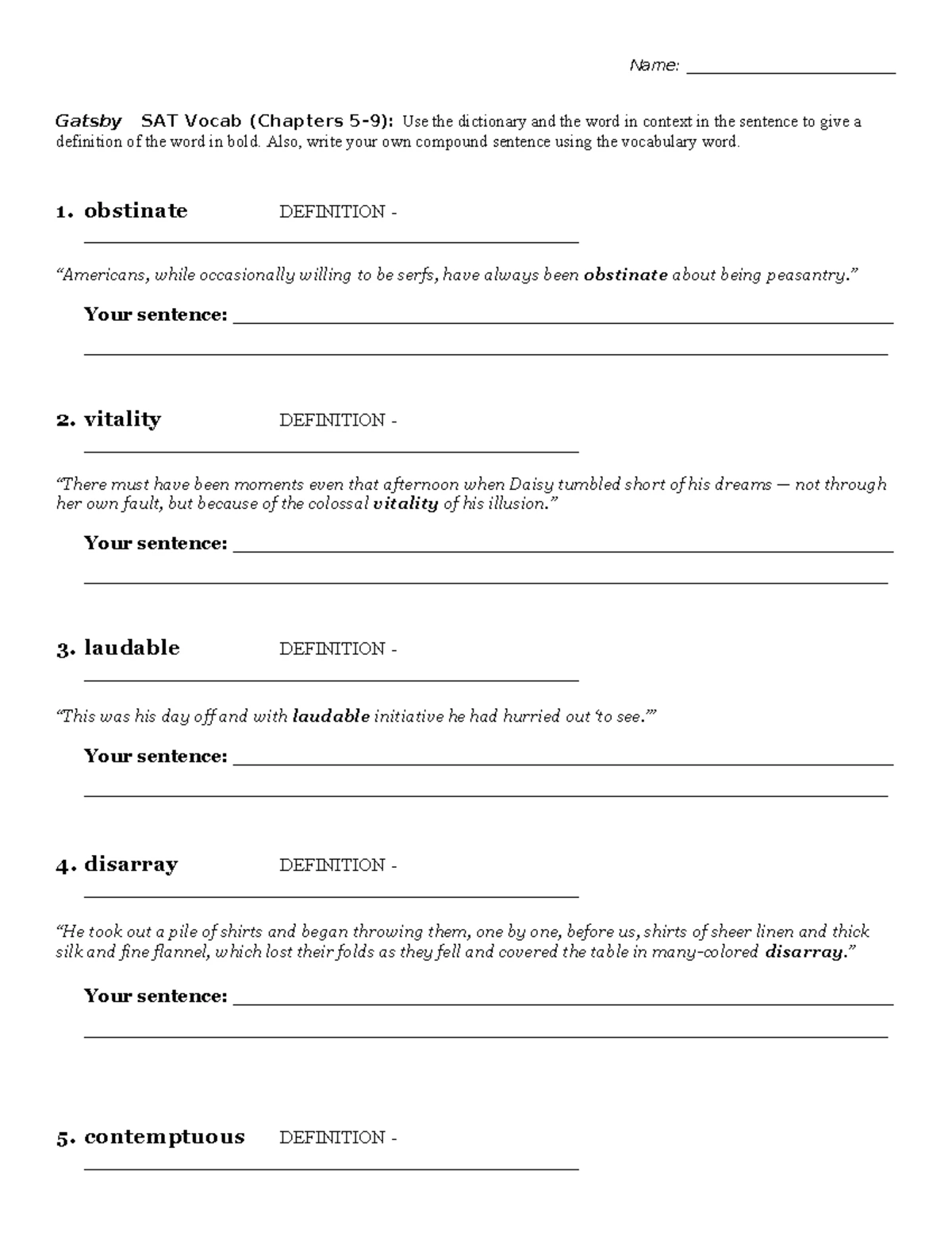 The Great Gatsby Vocab - Chapters 1-9 Vocabulary Lists & Quizzes - Studocu