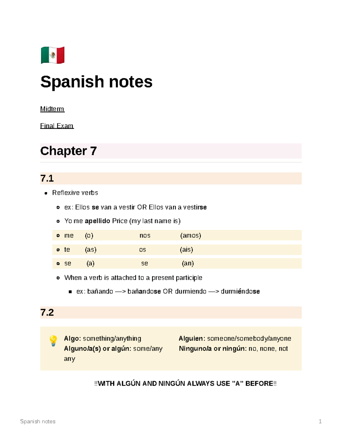 Spanish Notes: Midterm Final Exam Review for Chapters 7-13 - Studocu