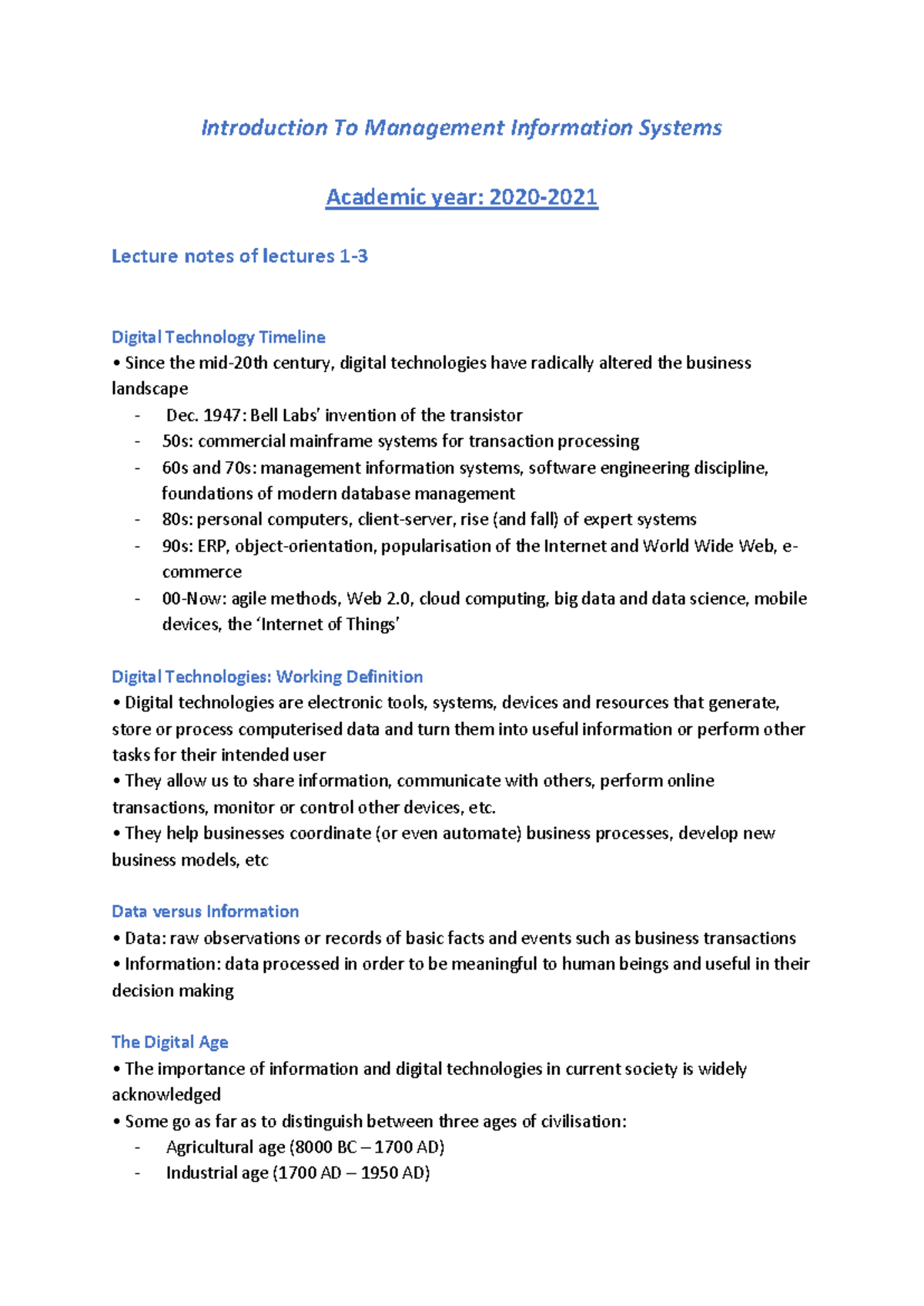 Introduction to Management Information Systems: Lectures 1-3 Summary ...