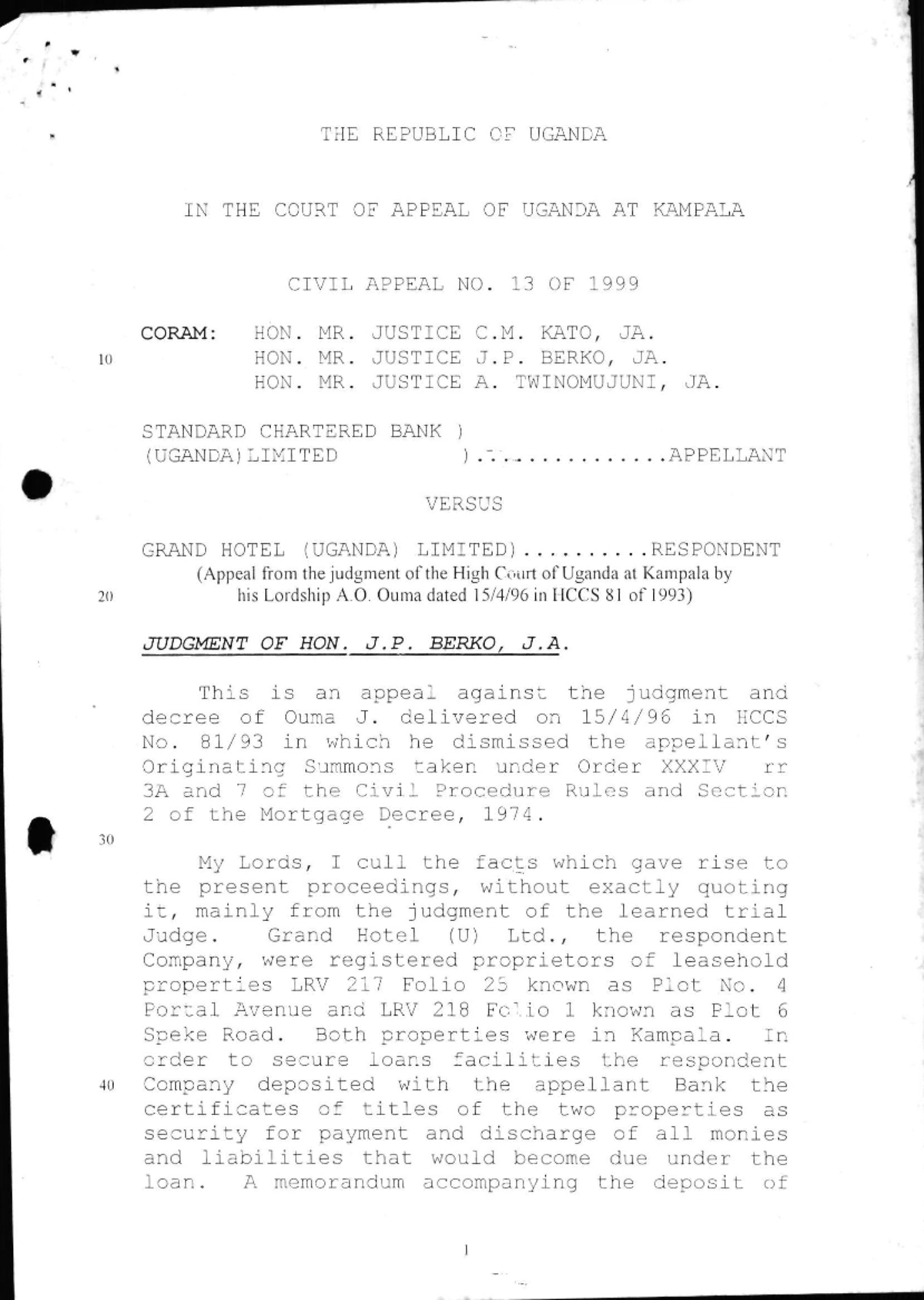 Standard Chartered Bank (U) Ltd v Grand Hotel (U) Ltd: Appeal No. 13 of ...