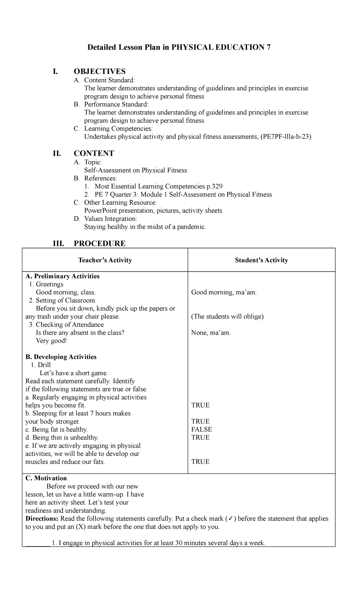 Detailed Lesson Plan for PE 7: Self-Assessment in Fitness - Studocu
