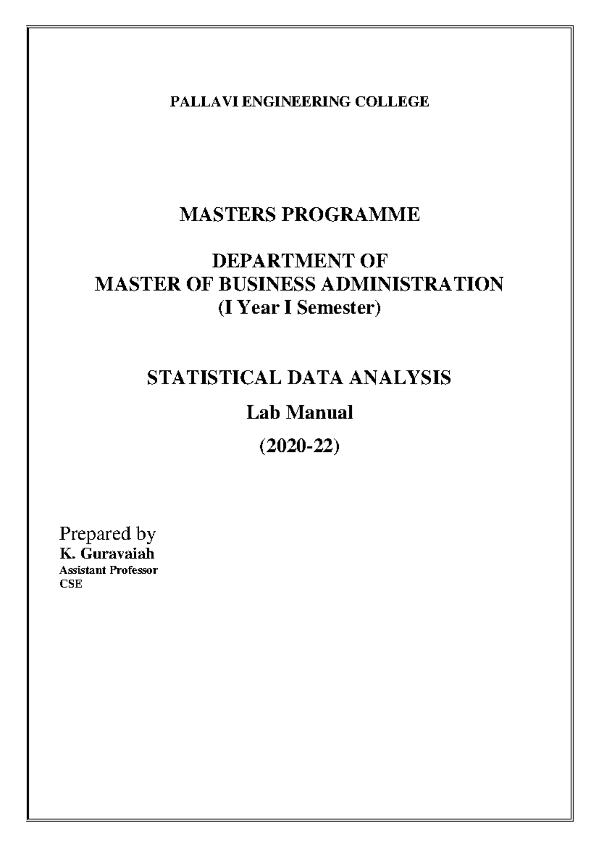 MBA 1st Sem Statistical Data Analysis Lab Manual Notes - Studocu