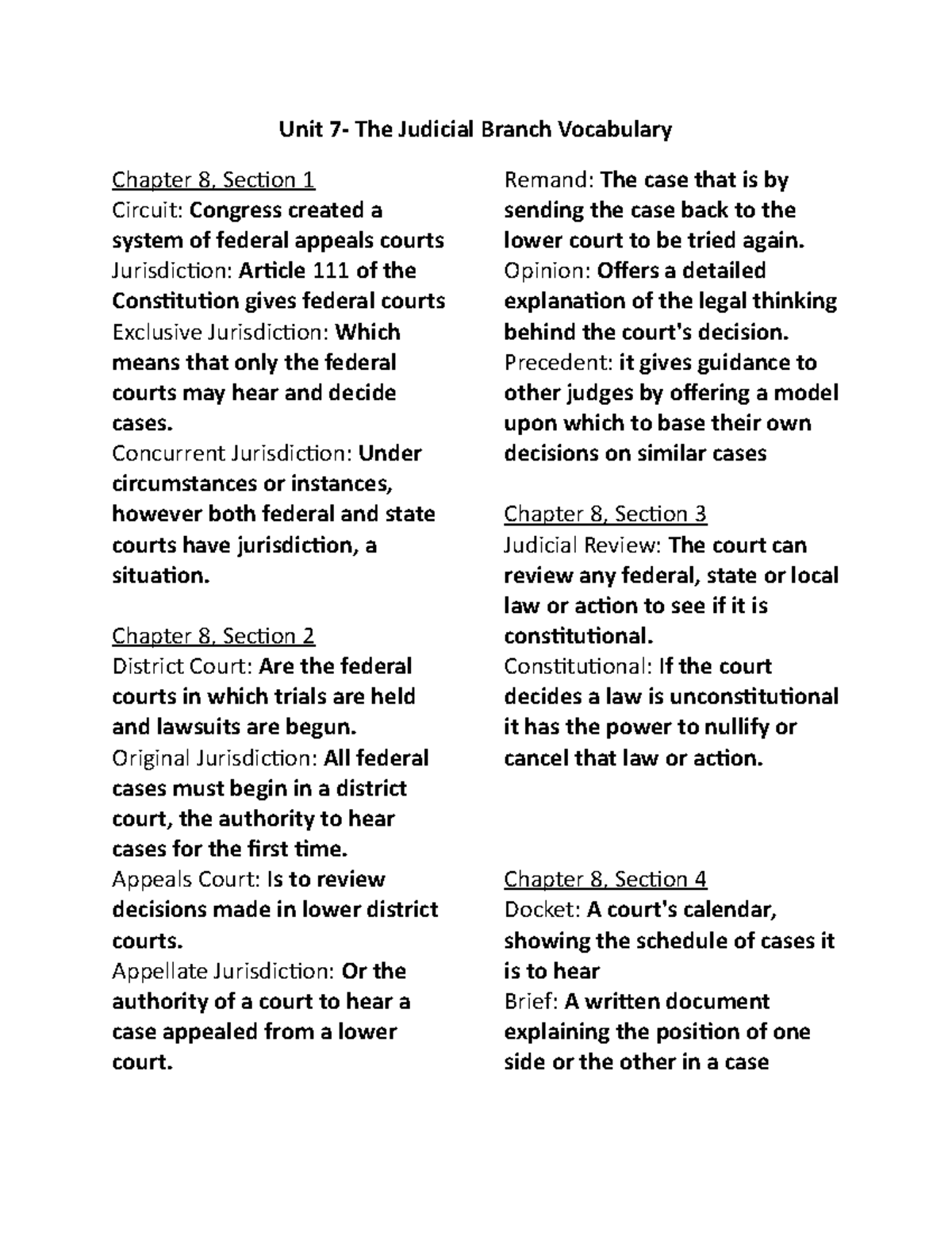 Unit 7: Judicial Branch Key Vocabulary Terms Overview - Studocu