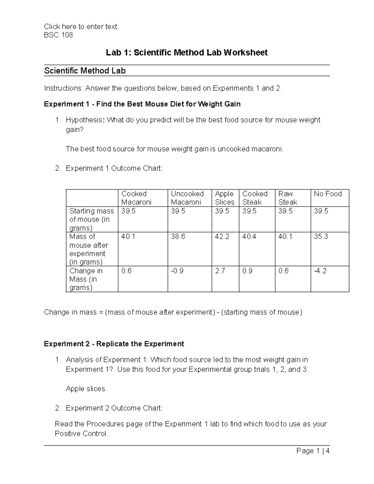 BSC 108 Lab 1: Scientific Method Worksheet & Experimental Analysis ...