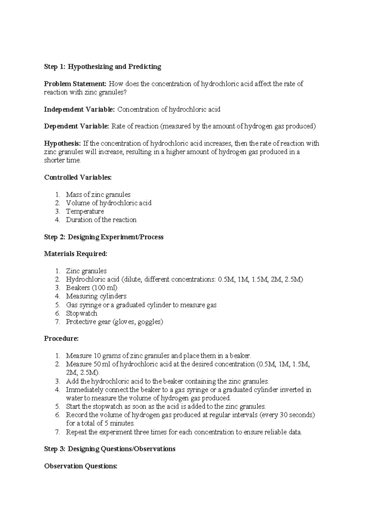 Science HHW - Shh: Effect of HCl Concentration on Zinc Reaction Rate ...