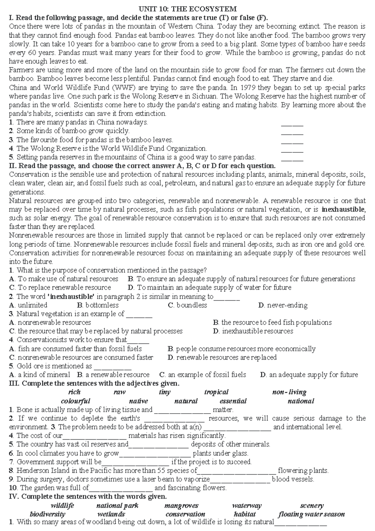 UNIT 10: ECOSYSTEM CONSERVATION PRACTICE QUESTIONS - Studocu