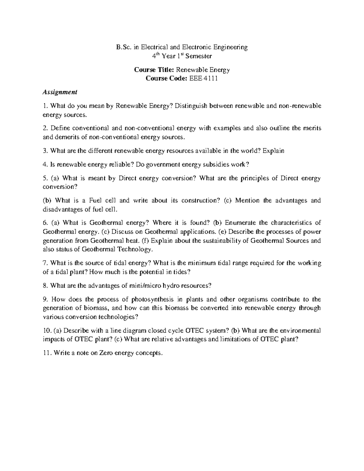 Assignment Renewable Energy (EEE 4111) - B. in Electrical and ...