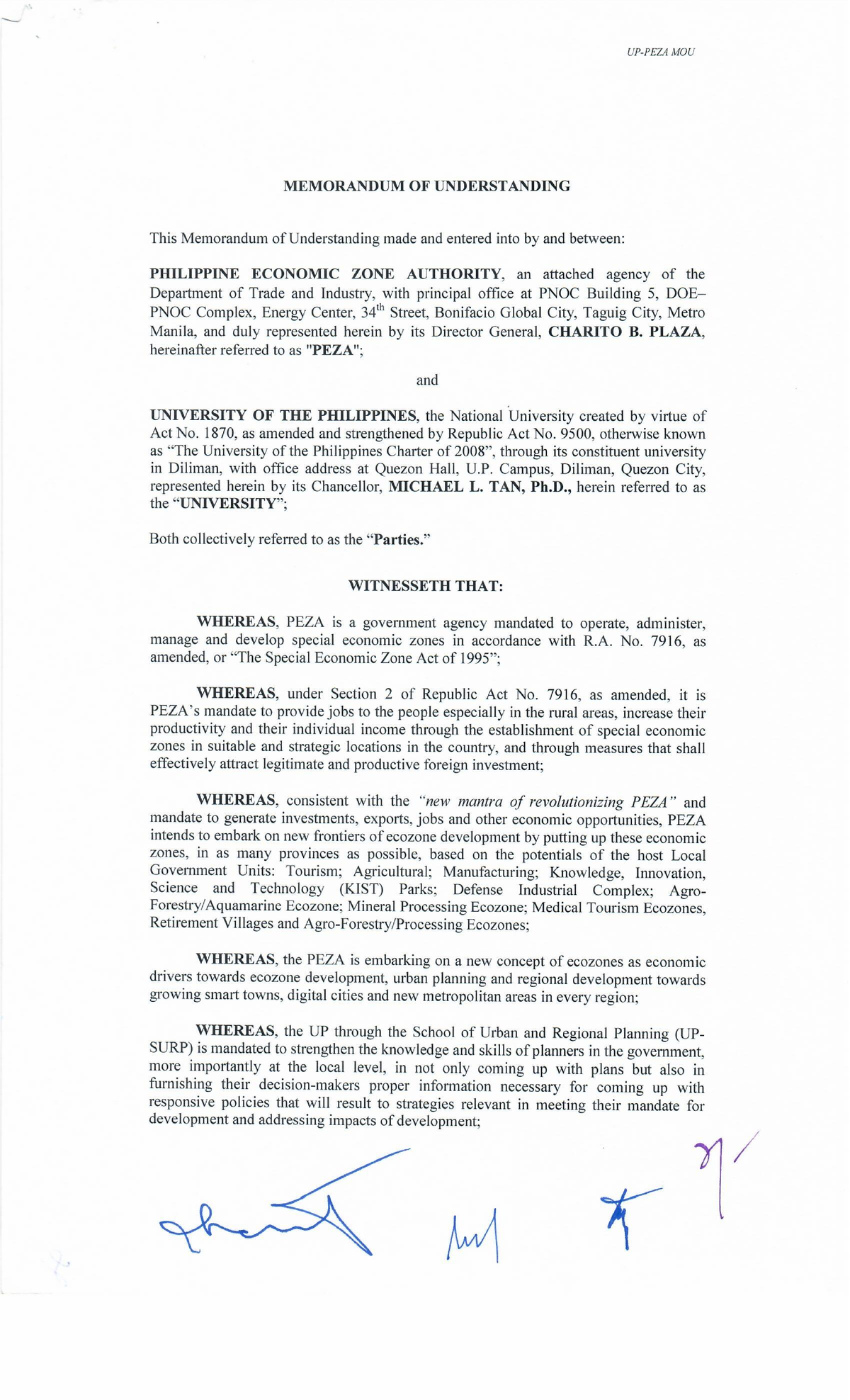 MOU between PEZA and University of the Philippines (7JAN2020) - Studocu