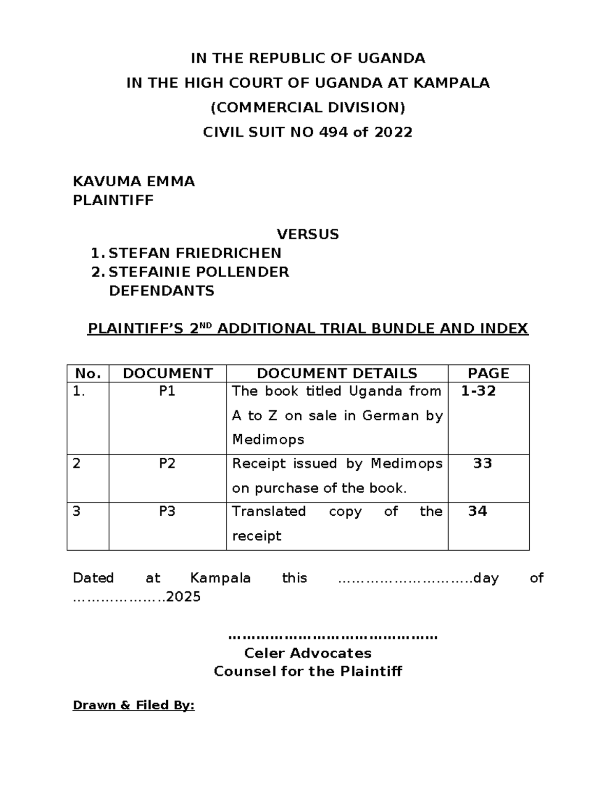 Civil Suit No. 494 of 2022: 2nd Additional Trial Bundle & Index - Studocu