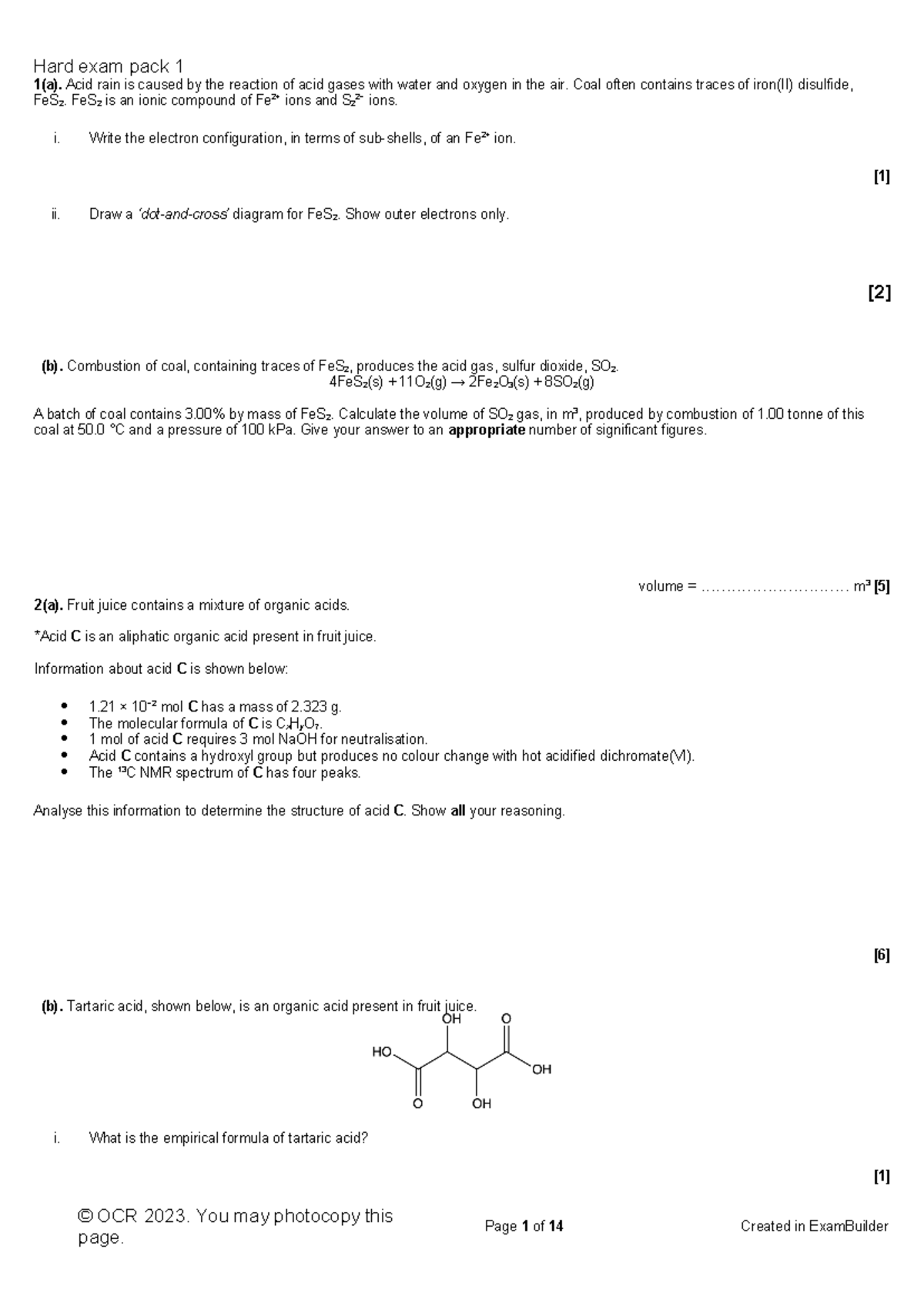 Chemistry Exam Pack 1: Acid Rain, Organic Acids, and Reactions - Studocu