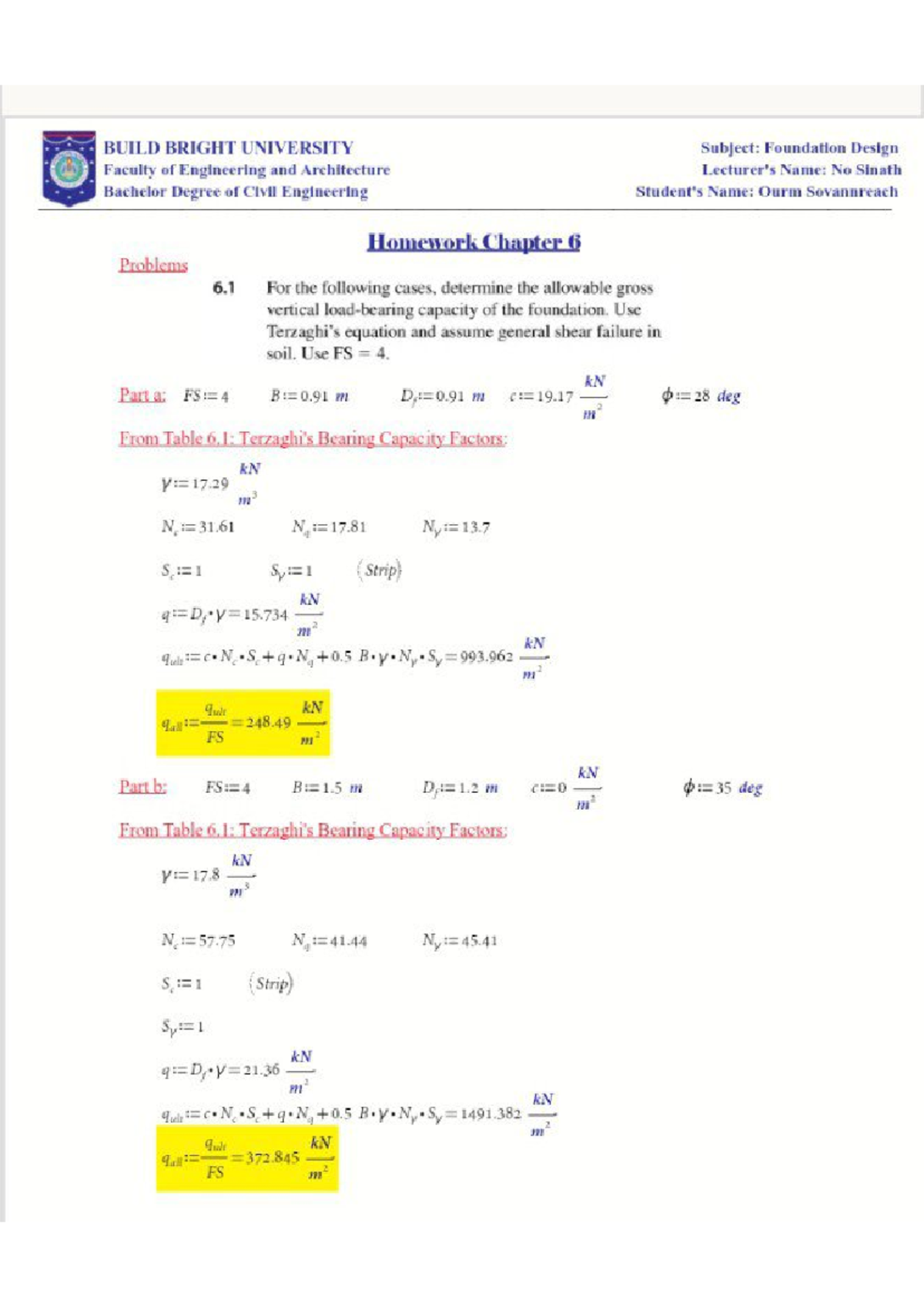 Foundation Design Homework Problems (CIVIL ENG 101) - Studocu