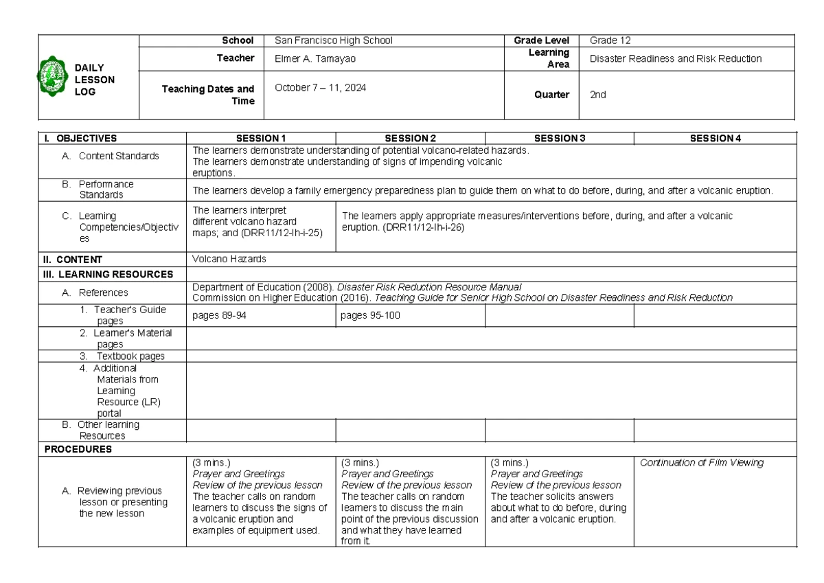 Weekly Lesson Plan for Disaster Readiness - DLL (Week 10) - Studocu