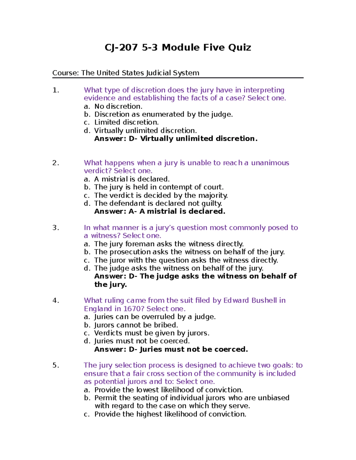 CJ 207 7-3 Quiz - Quiz for all of Module 7 - CJ-207 7-3 Module Seven Quiz Course: The United ...