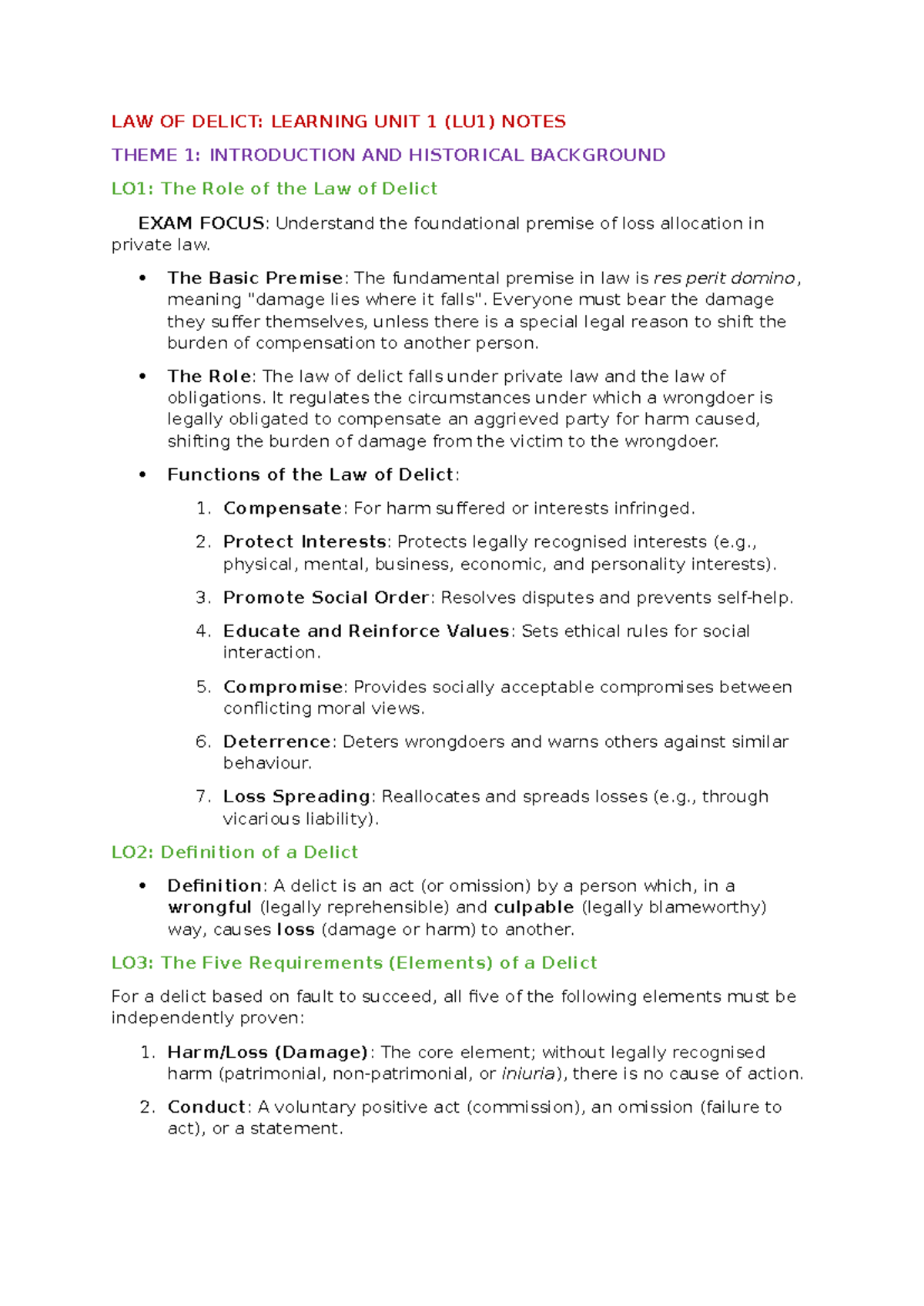 LAW OF DELICT: LU1 NOTES ON INTRODUCTION & HISTORICAL BACKGROUND - Studocu