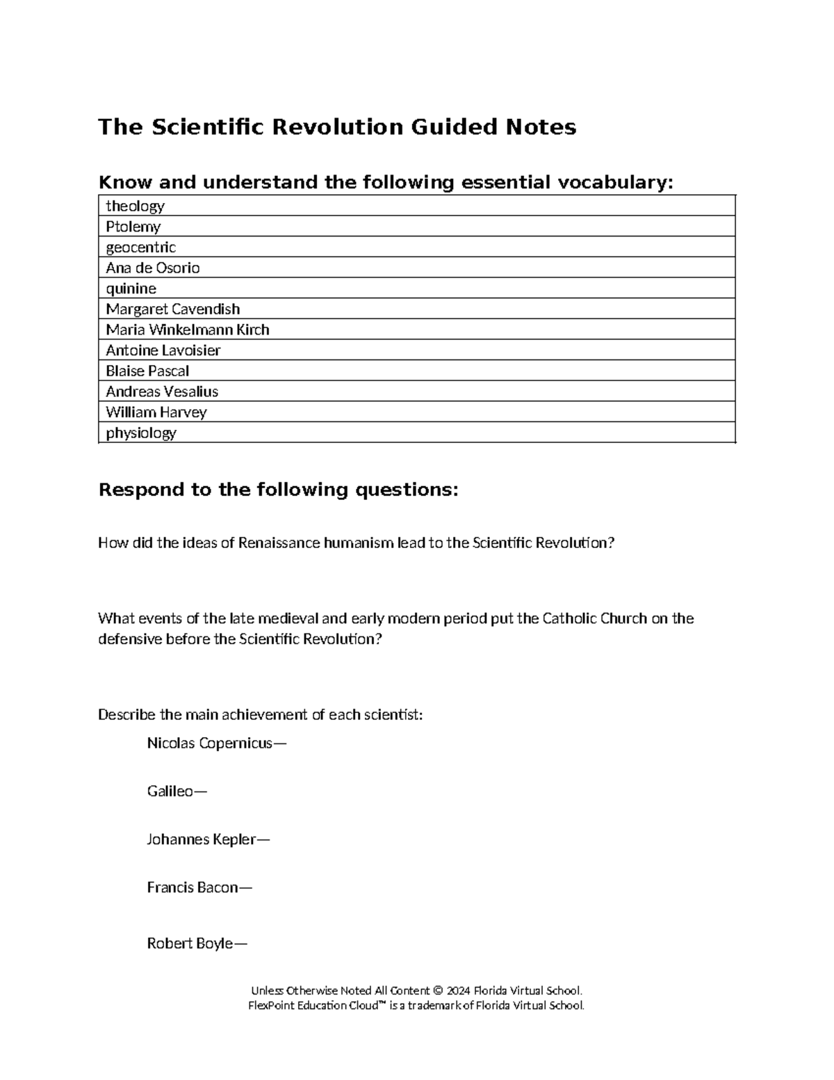 Scientific Revolution Guided Notes (HIST 101) - Key Terms & Questions ...