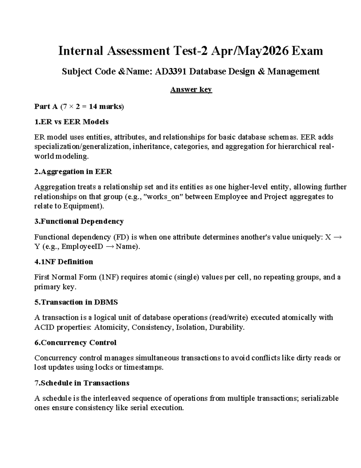 DDM IAT 2 Answer Key for AD3391 Database Design Management Exam - Studocu