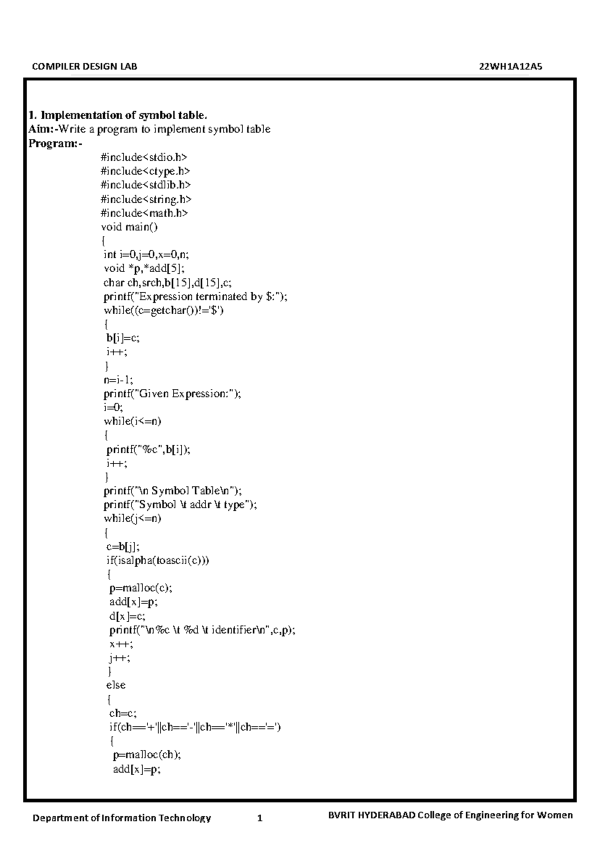 COMPILER DESIGN LAB 22WH1A12A5: Symbol Table & Lexical Analyzer ...