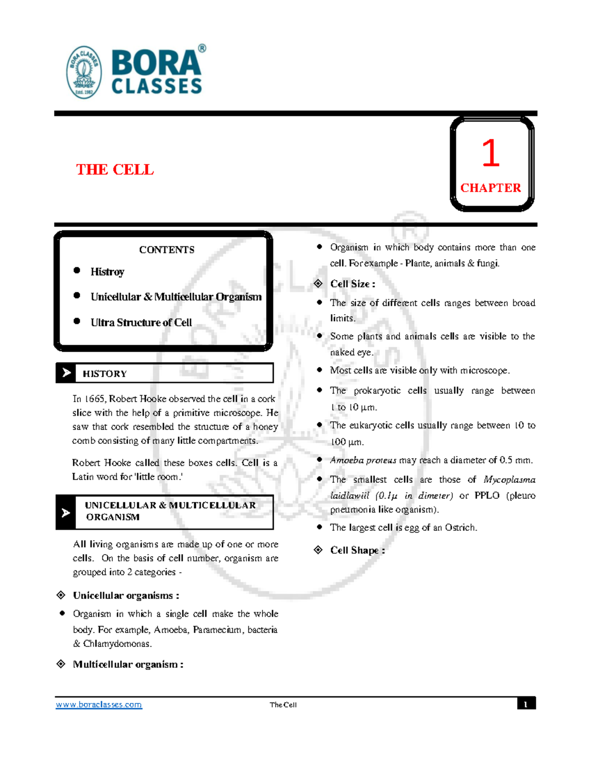 1 THE CELL CHAPTER: Unicellular & Multicellular Organisms Overview ...