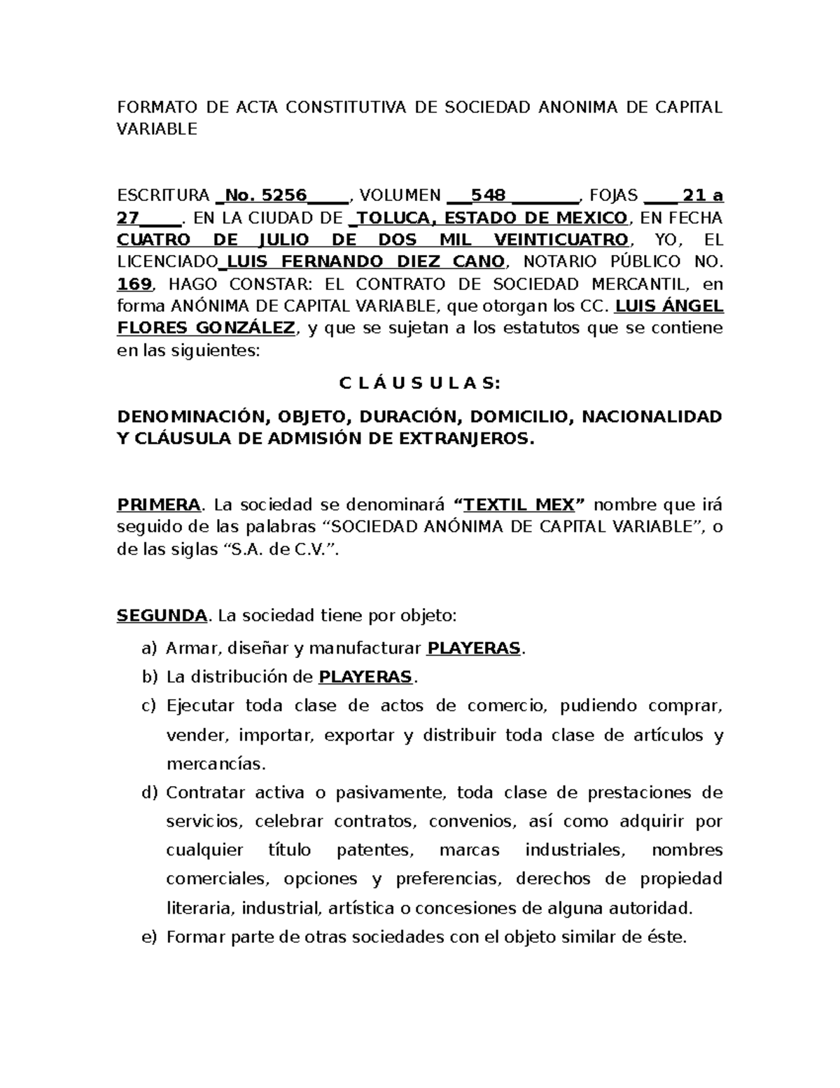 Formato DE ACTA Constitutiva DE Sociedad Anonima DE Capital Variable - FORMATO DE ACTA ...