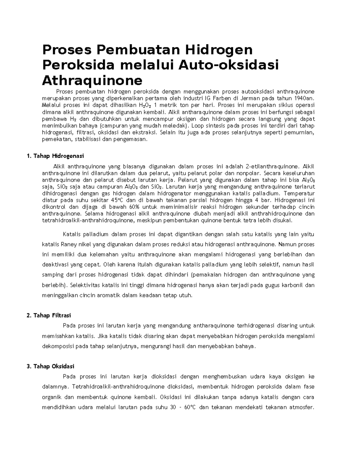 Proses Pembuatan Hidrogen Peroksida: Metode Athraquinone - Studocu