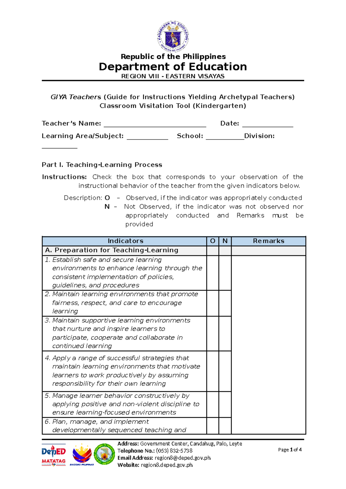 GIYA-Teachers-Kinder: Classroom Visitation Tool Overview - Studocu