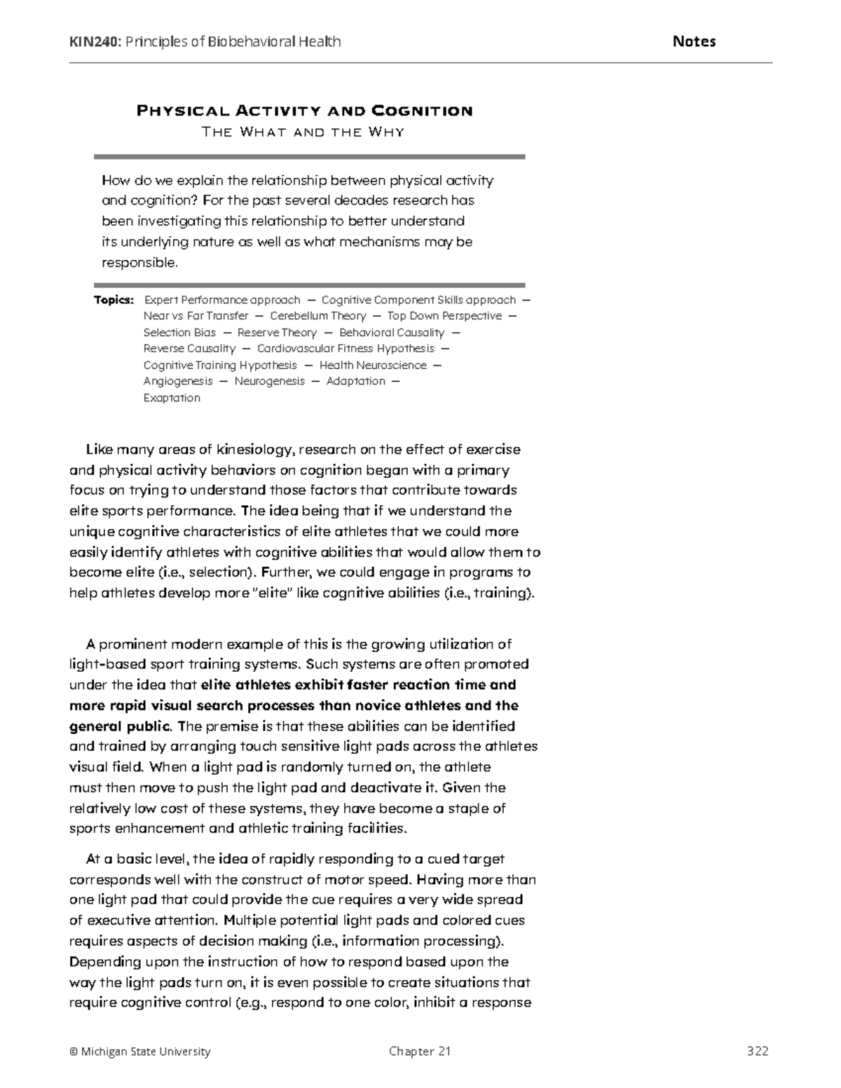 Notes KIN240: Physical Activity and Cognition - Exploring the ...