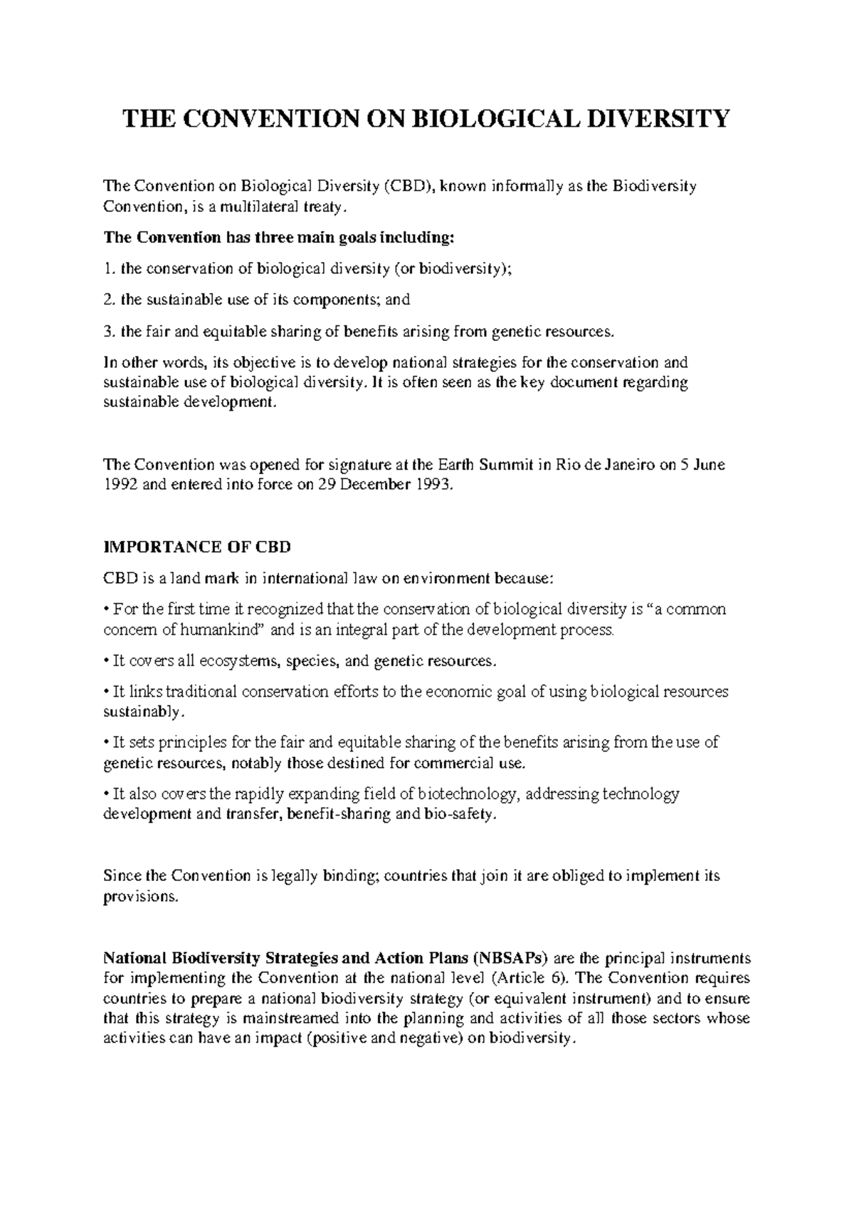 CBD - Convention of Biodiversity law analysis - THE CONVENTION ON ...