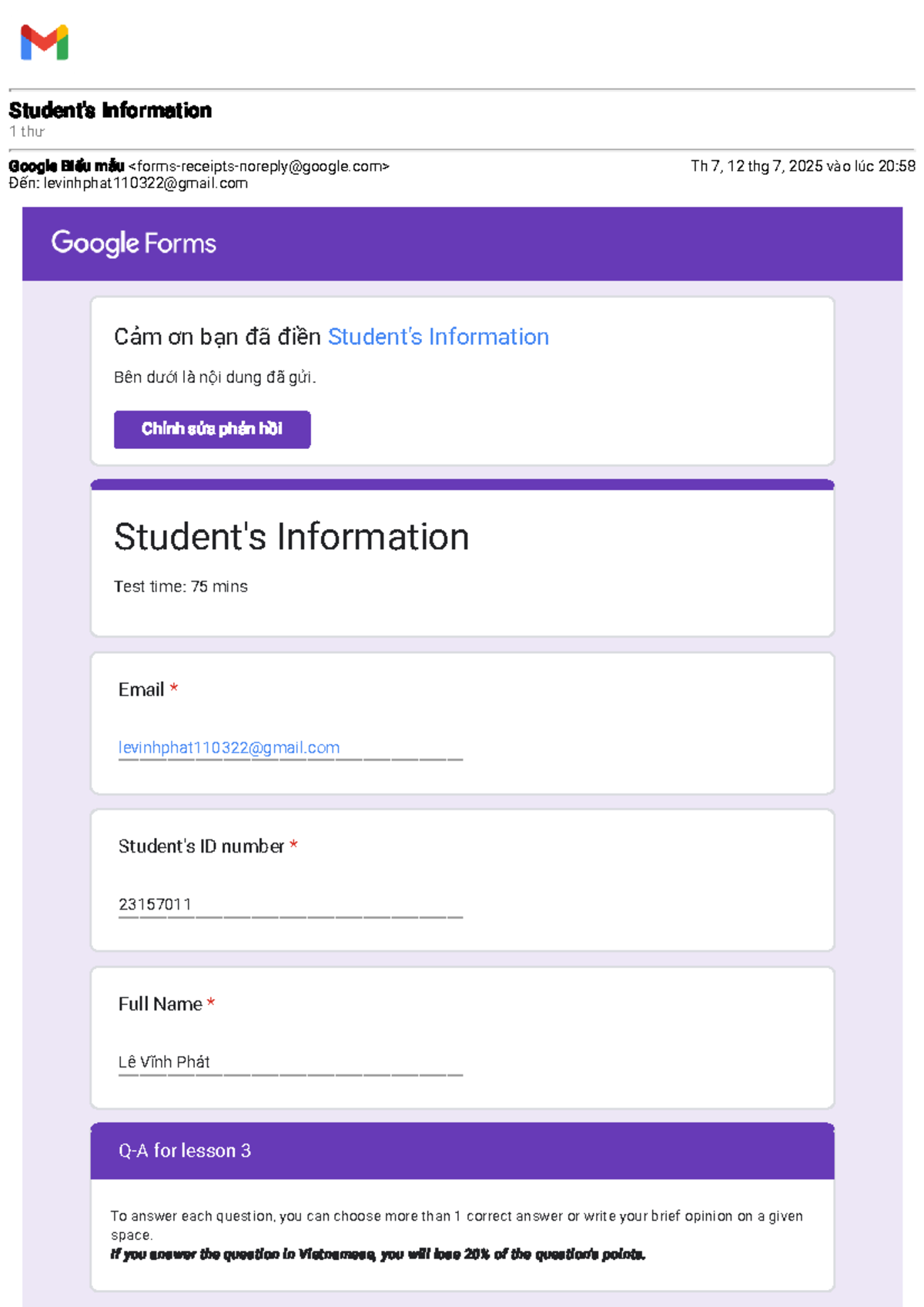 Gmail 3 - Student's Information for Lesson 3 on Nucleic Acids - Studocu