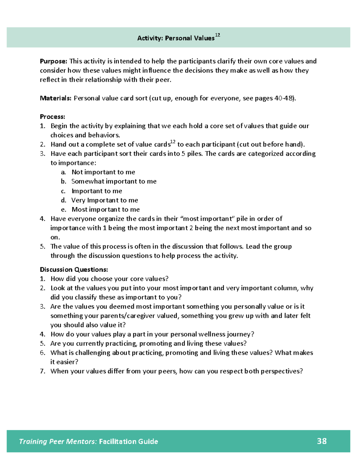 Activity: Personal Values Clarification for Peer Mentors 2.1 - Studocu