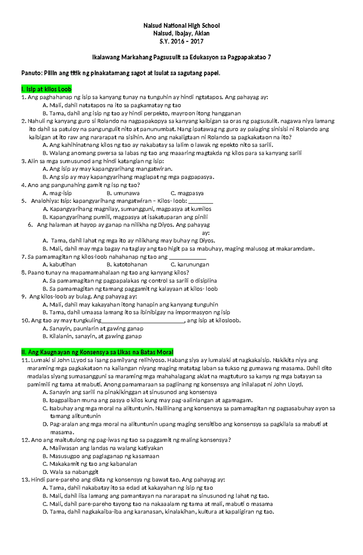 2nd Quarter Exam - Answer Key and Corrections Guide - Studocu