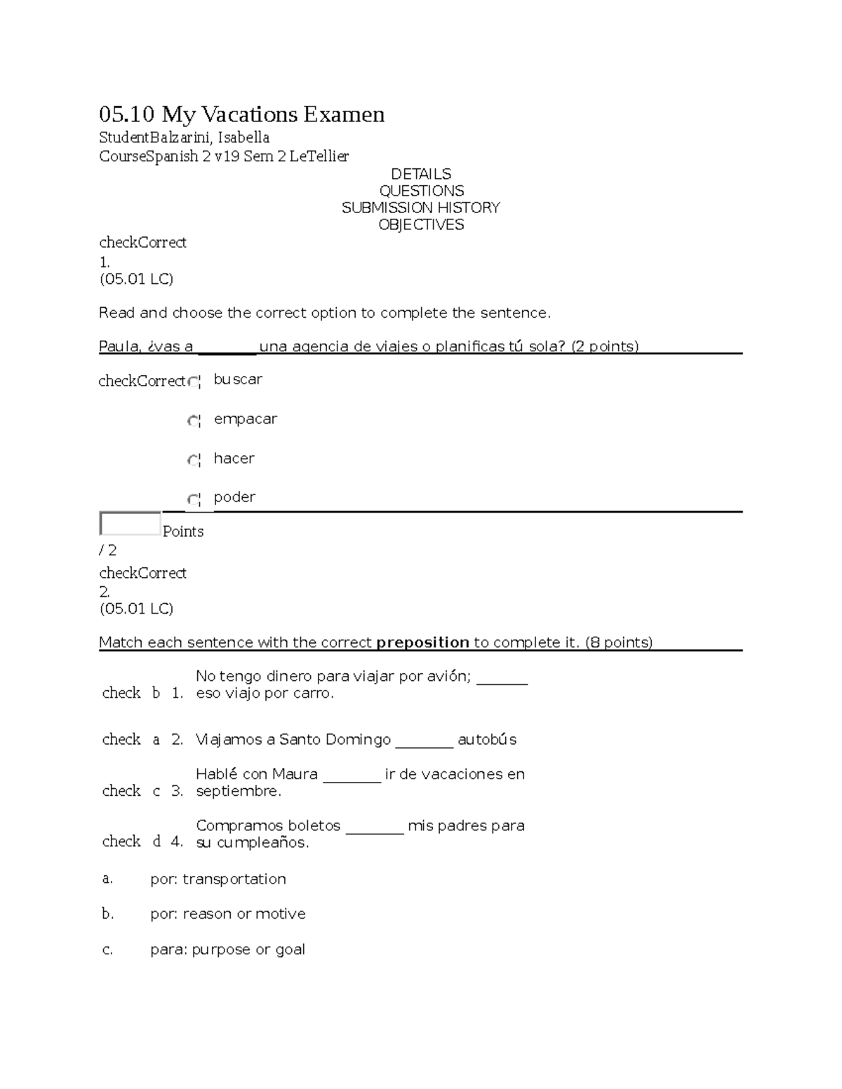 05.10 Spanish 2 Exam: My Vacation Experiences and Questions - Studocu