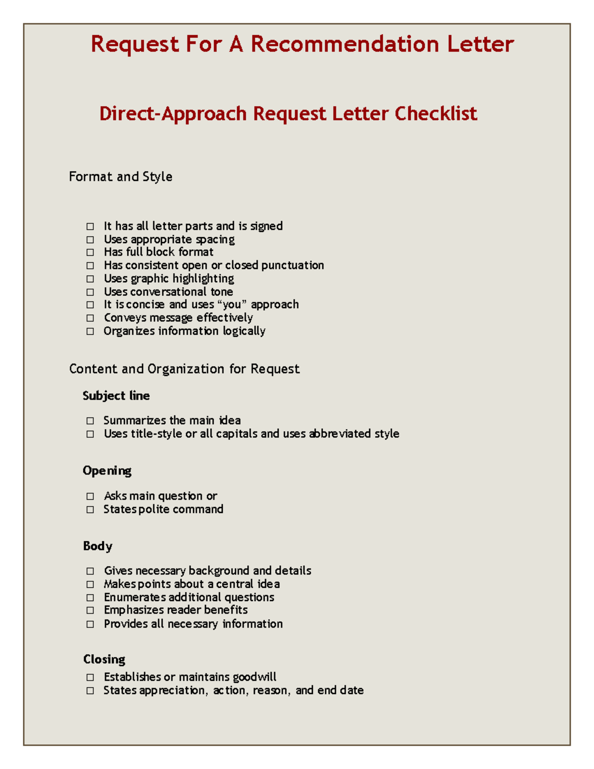 Request for a Letter of Recommendation: Essential Checklist Guide - Studocu