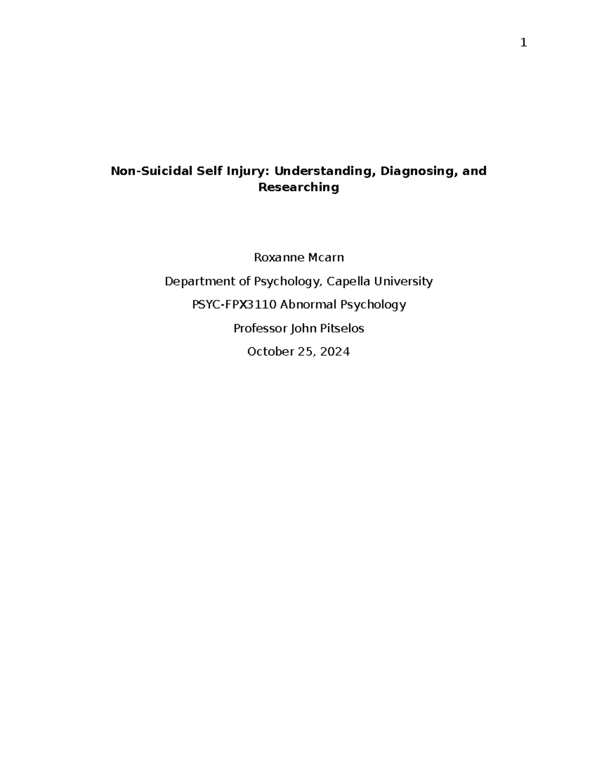 Abnormal Psych NSSI - Assessment 1 - Non-Suicidal Self Injury ...