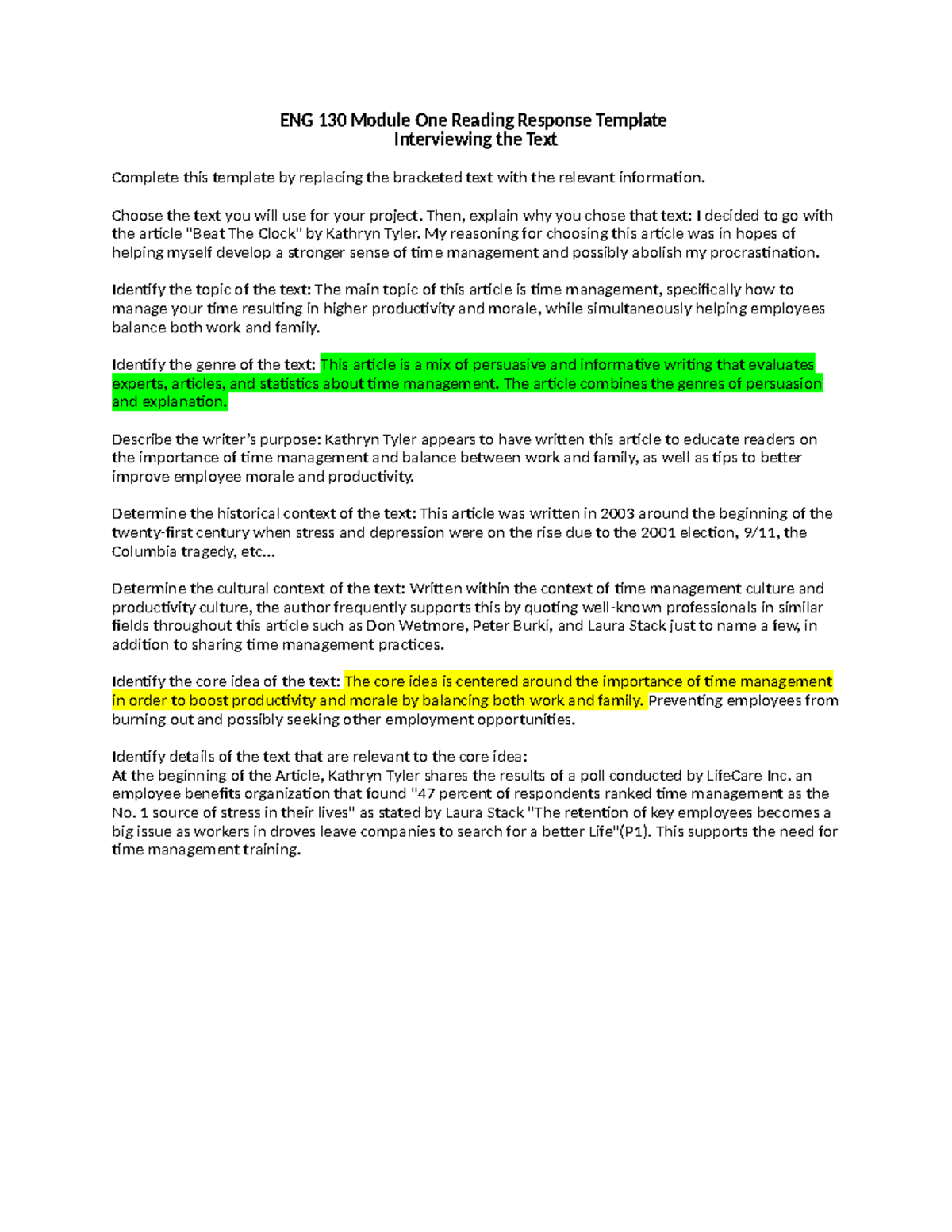 ENG 130 Module 1 Reading Response on Time Management Insights - Studocu