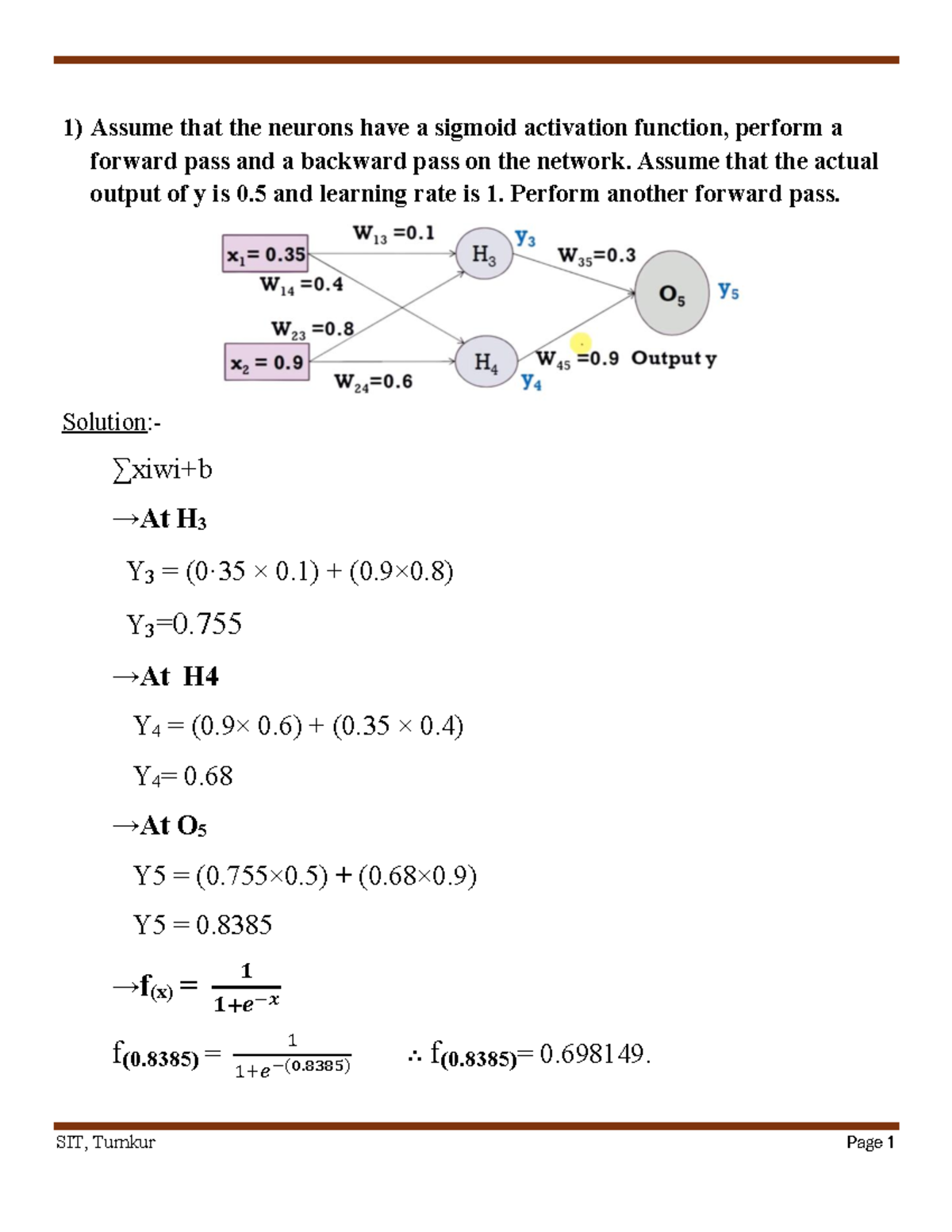 ANN Numericals - Forward & Backward Pass Problems (SIT) - Studocu