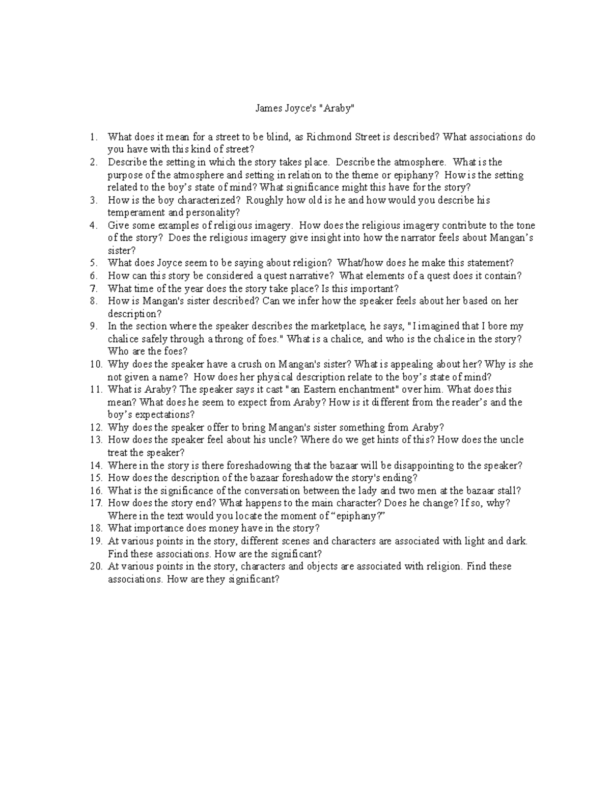 Araby discussion questions - James Joyce's "Araby" What does it mean ...
