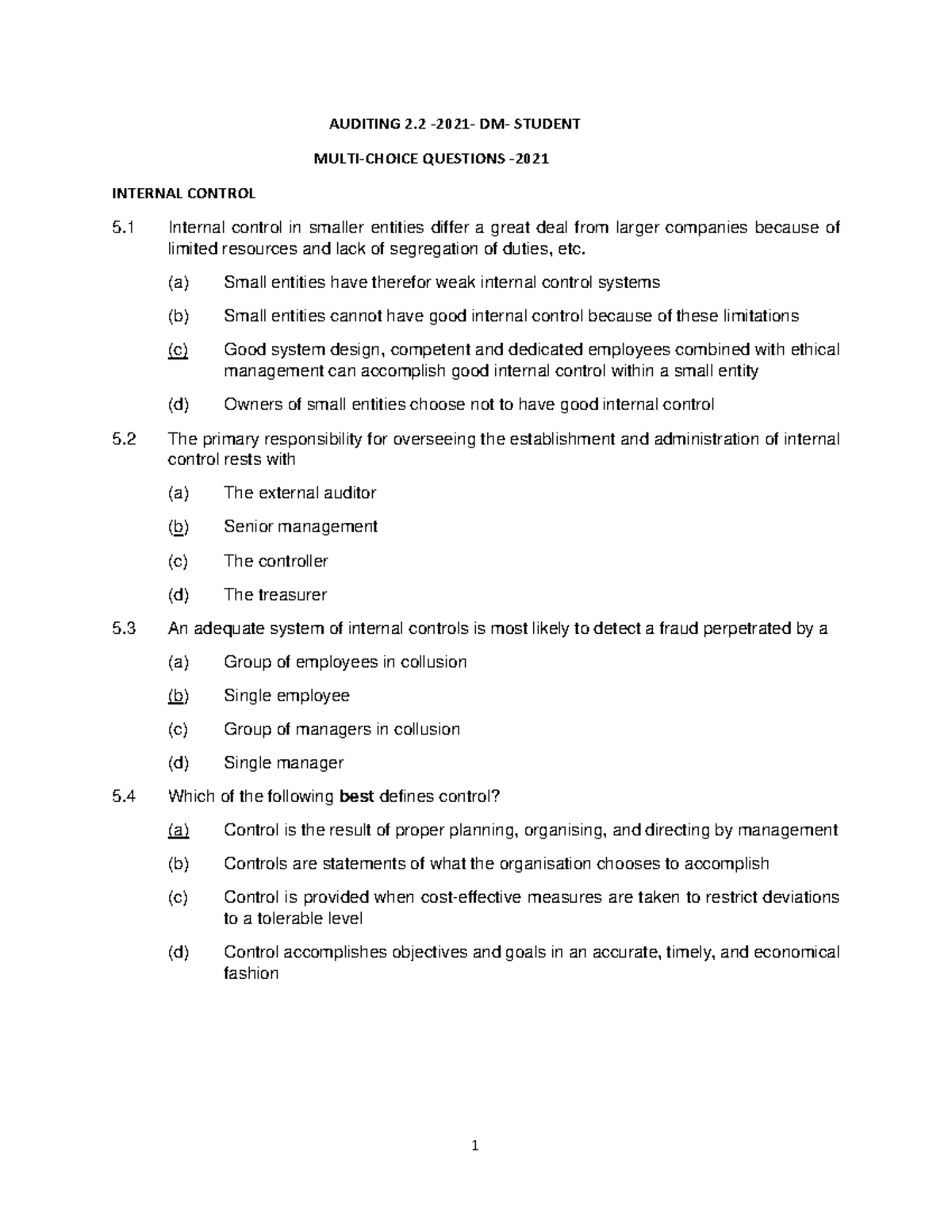 Auditing 2.2 - Internal Control Questions & Concepts - Studocu